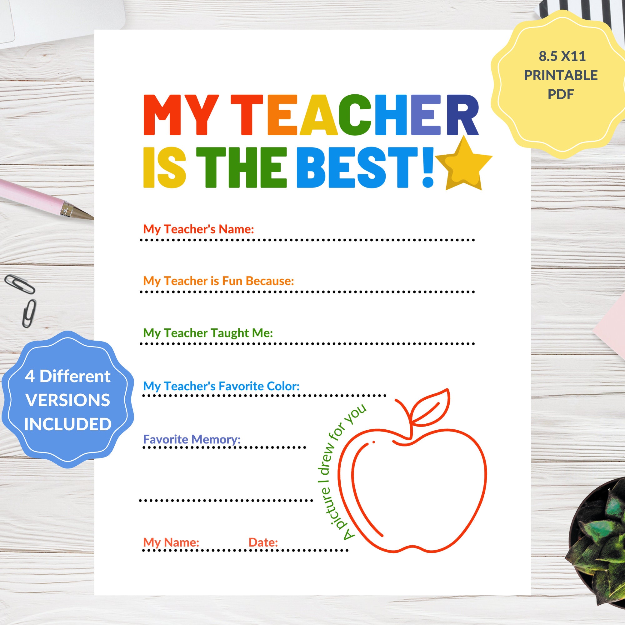 Rainbow Watercolor Teacher Appreciation Printable, Teacher Thank You ...