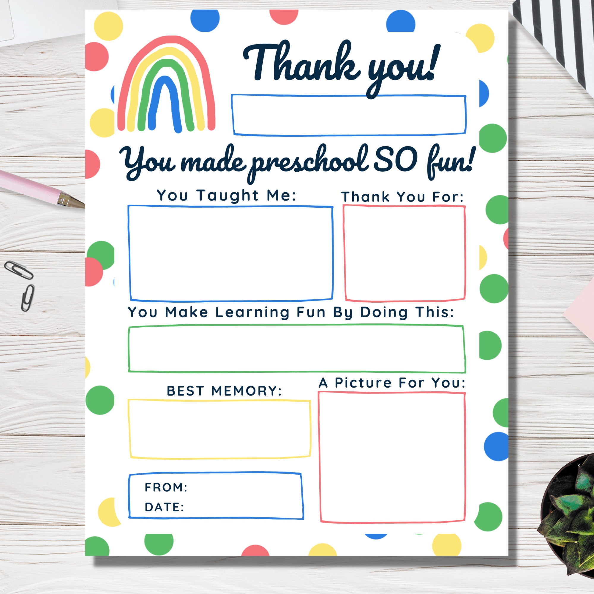 Preschool Teacher Appreciation Printable: Fill-in Thank You Gift (edit ...