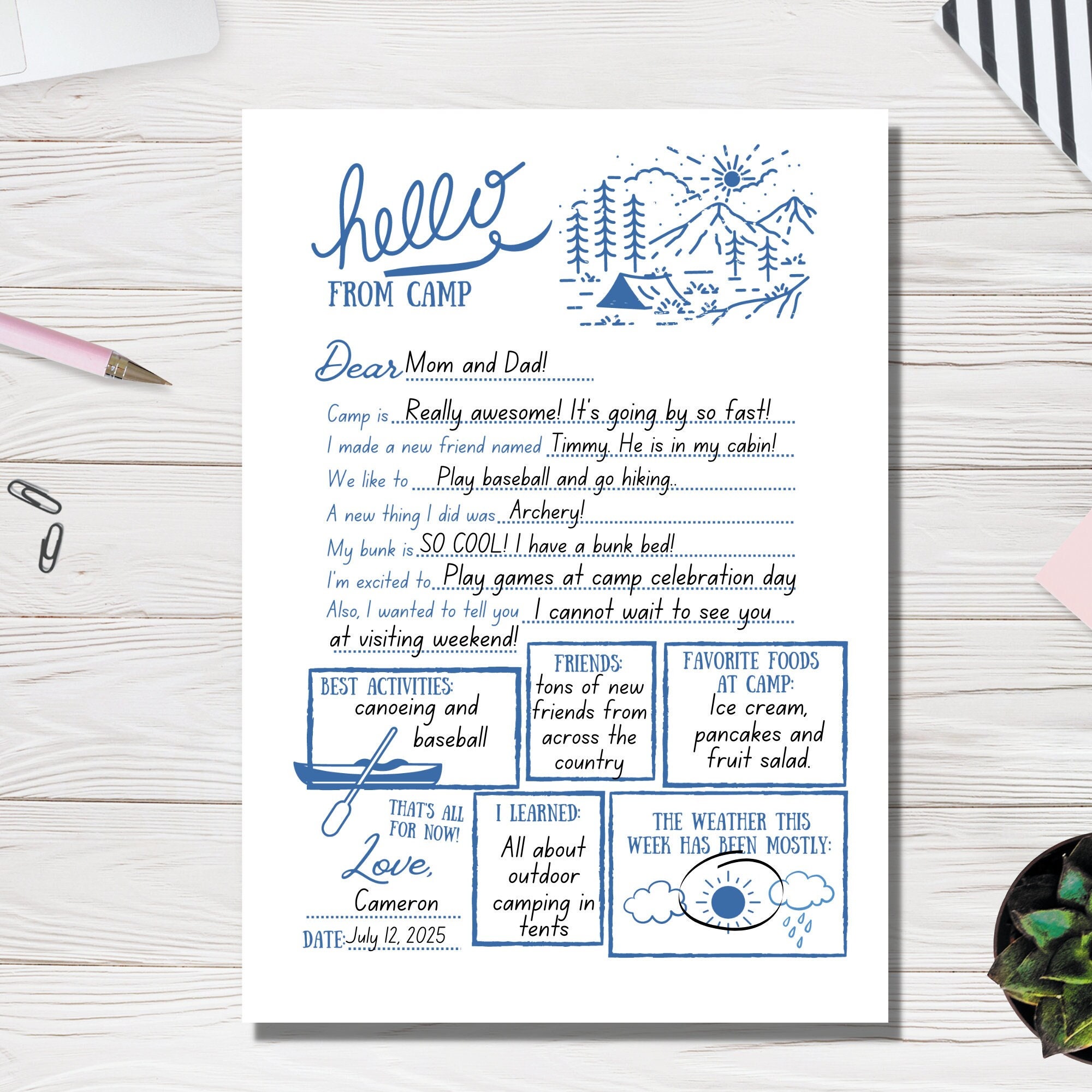 Fill in the Blank Camp Letter, Camp Note Printable, Customizable Summer ...