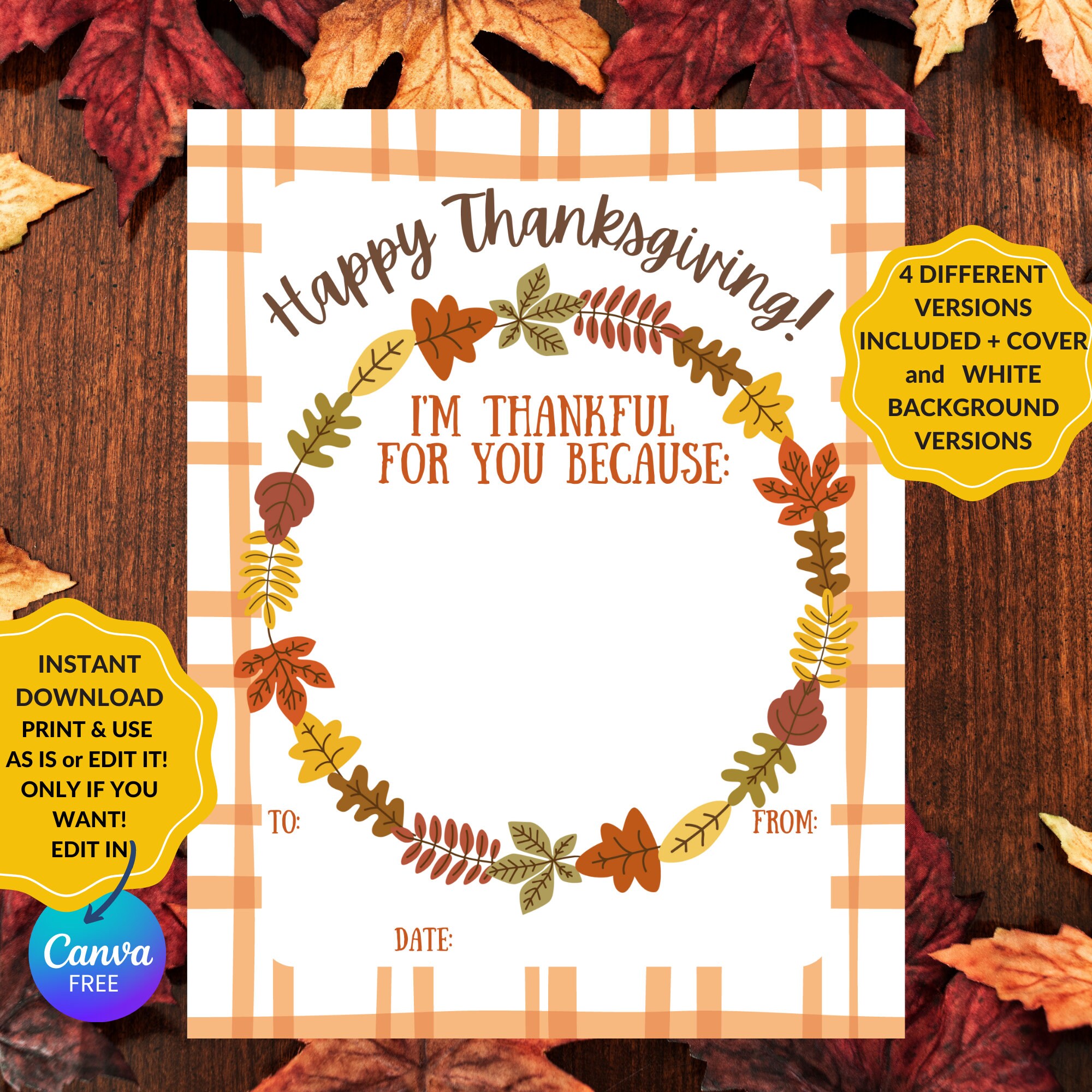 Thanksgiving Appreciation Printable, Thankful for Grandparent Note ...