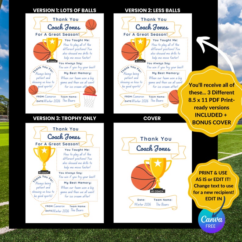 Basketball Coach Thank You Gift: Fill-in-the-blank Printable (EDITABLE ...