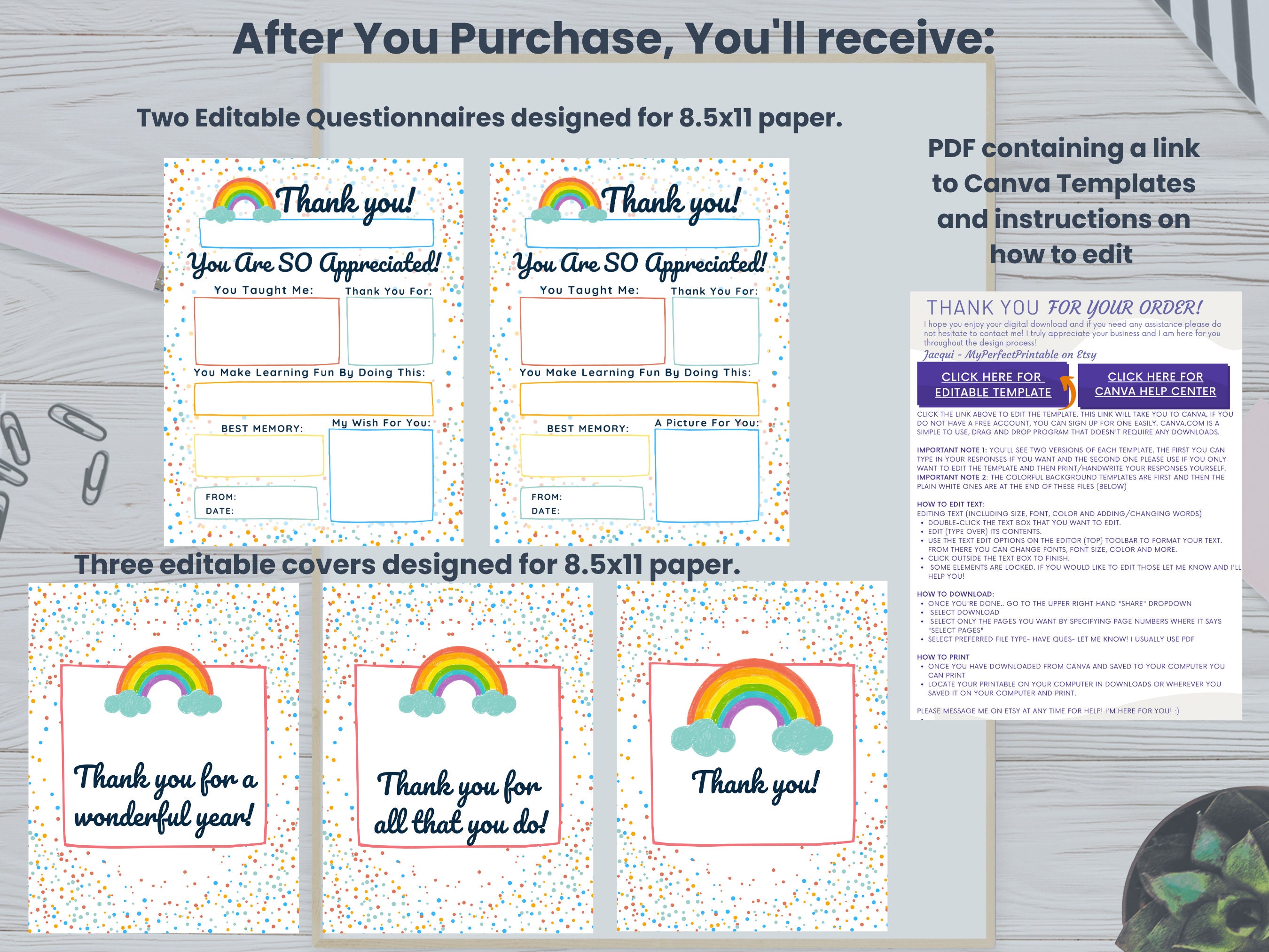 Teacher Appreciation Fill-in Printable: Rainbow Design (EDIT IN CANVA ...