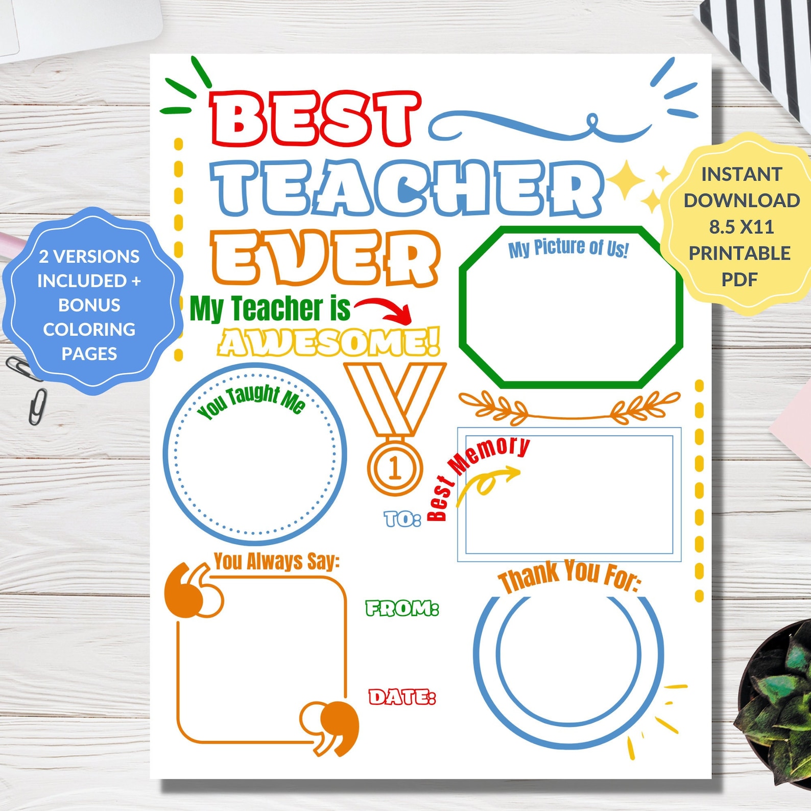 Teacher Appreciation Printable Thank You Teacher Page - Etsy