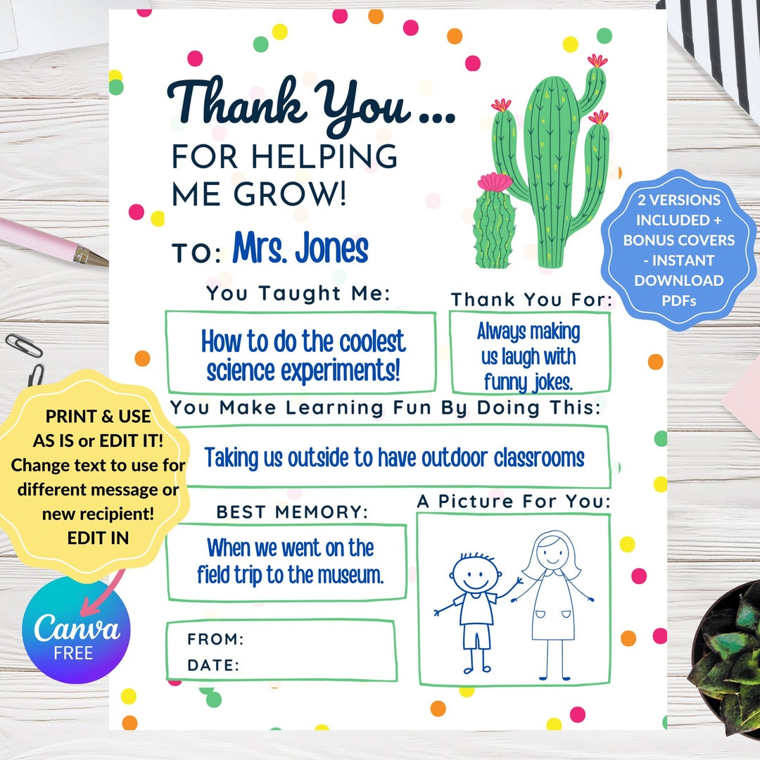 Teacher Appreciation Gift, Thank You for Helping Me Grow, End of School ...