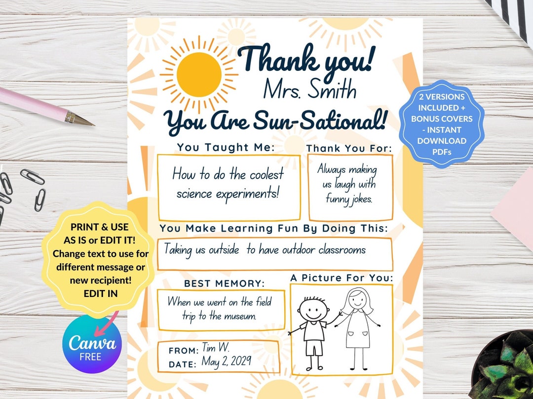 Sunsational Teacher Printable, Teacher Appreciation Gift, All About ...