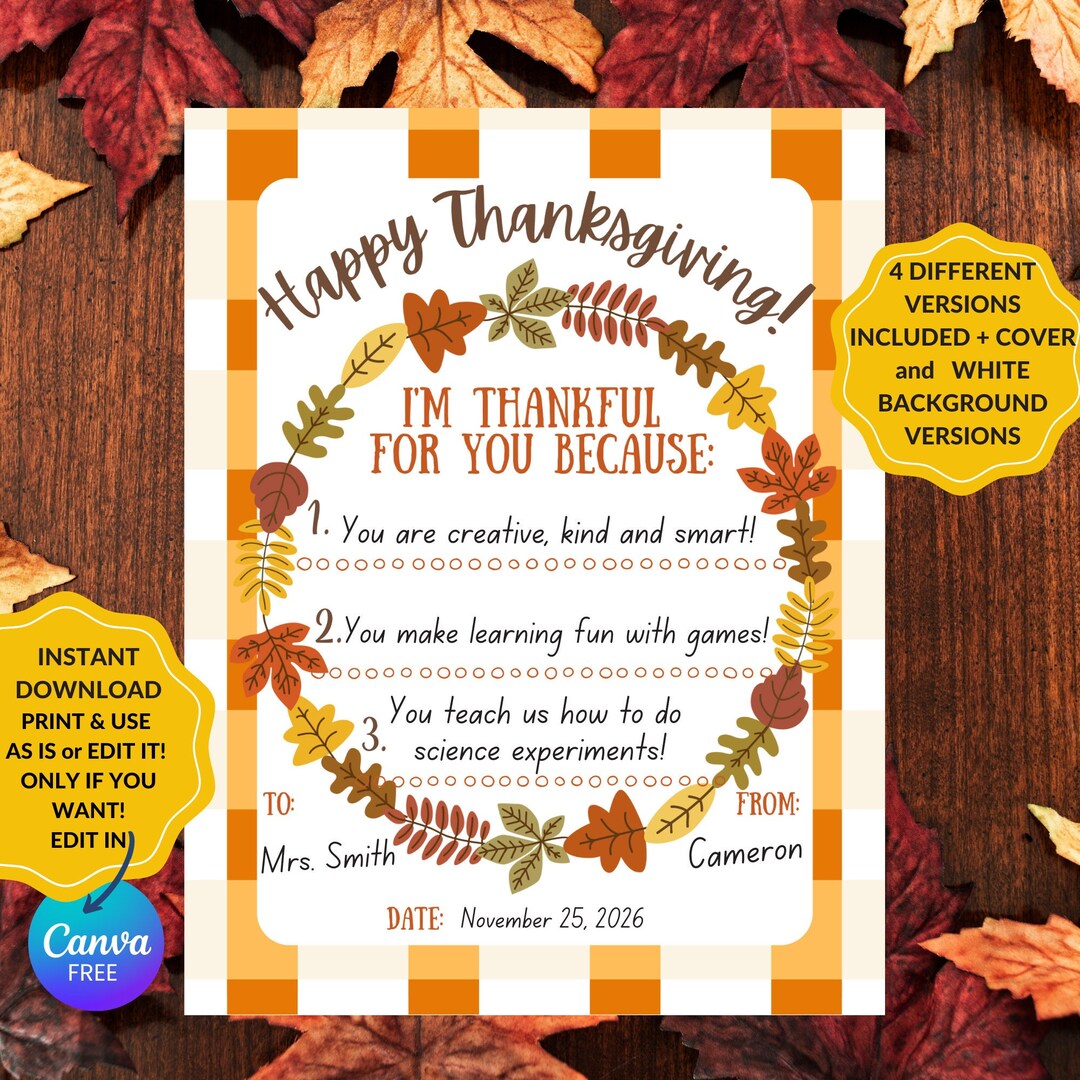Thankful for You Printable, Teacher Thanksgiving Gift, Thankful for ...