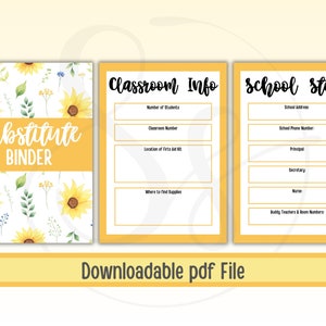 Yellow Sunflowers Substitute Teacher Binder, Printable Downloads ...