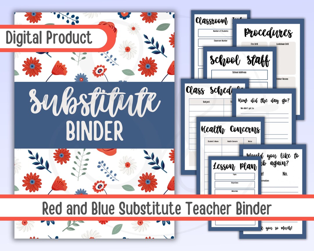 Red and Blue Flowers Substitute Teacher Binder, Printable Downloads ...