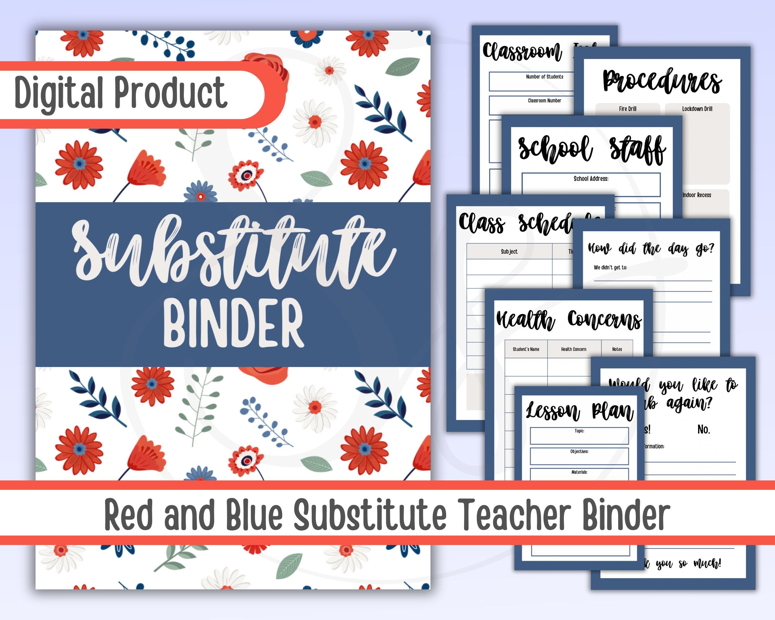 Red and Blue Flowers Substitute Teacher Binder, Printable Downloads ...