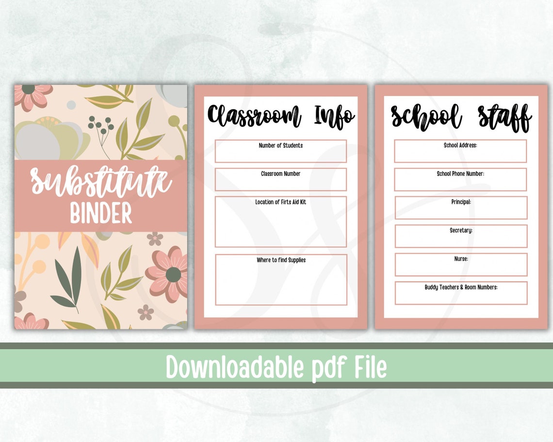 Pastel Floral Pattern Substitute Teacher Binder, Printable Downloads ...
