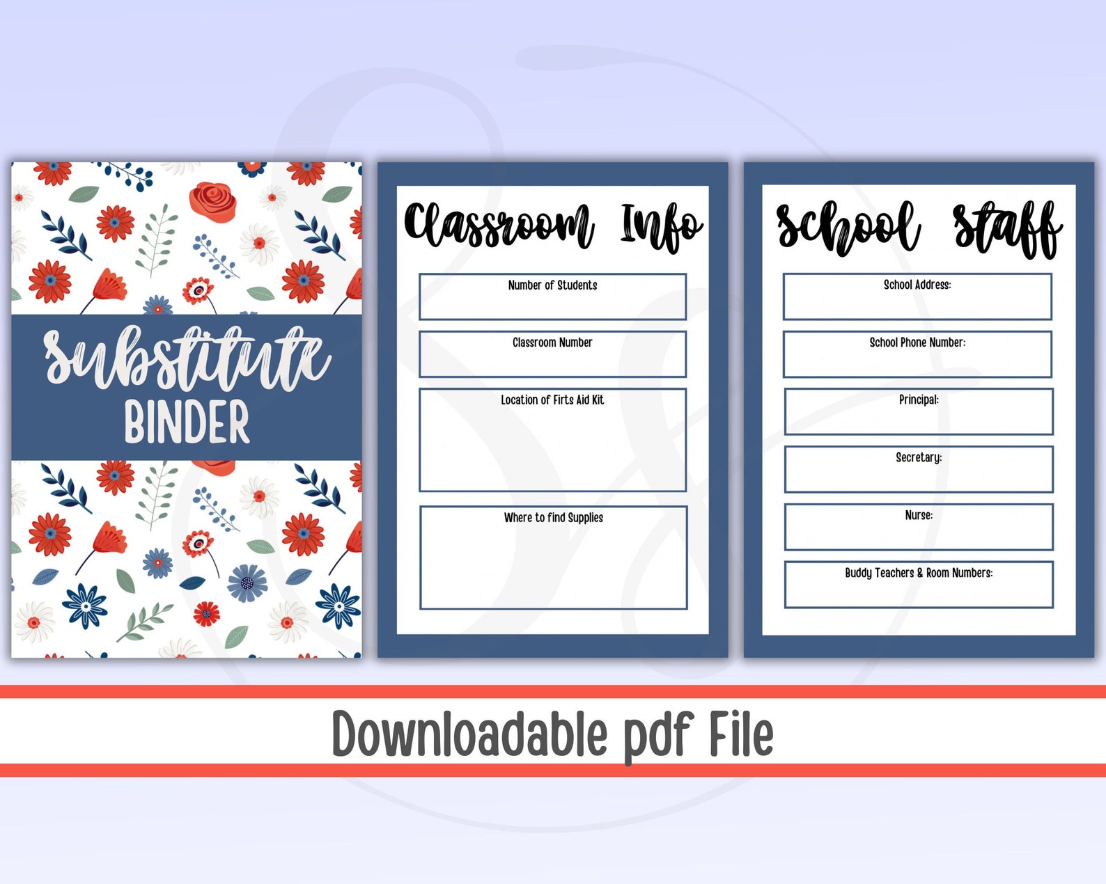 Red and Blue Flowers Substitute Teacher Binder, Printable Downloads ...
