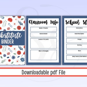 Red and Blue Flowers Substitute Teacher Binder, Printable Downloads ...