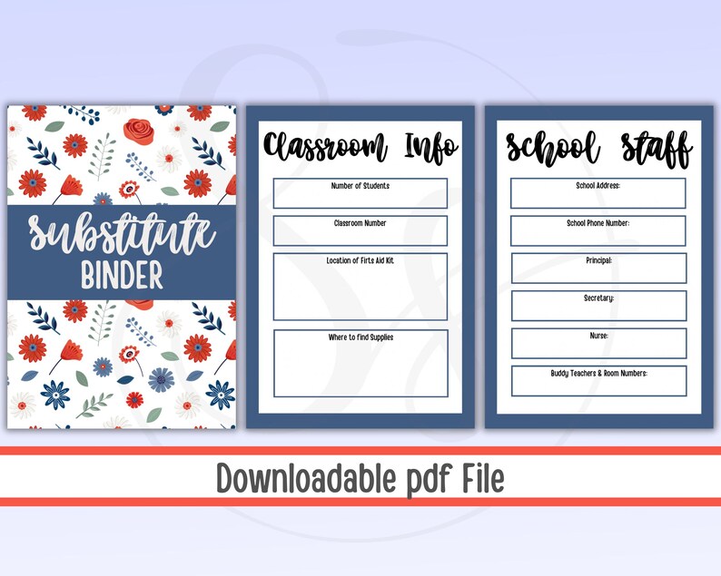 Red and Blue Flowers Substitute Teacher Binder, Printable Downloads ...