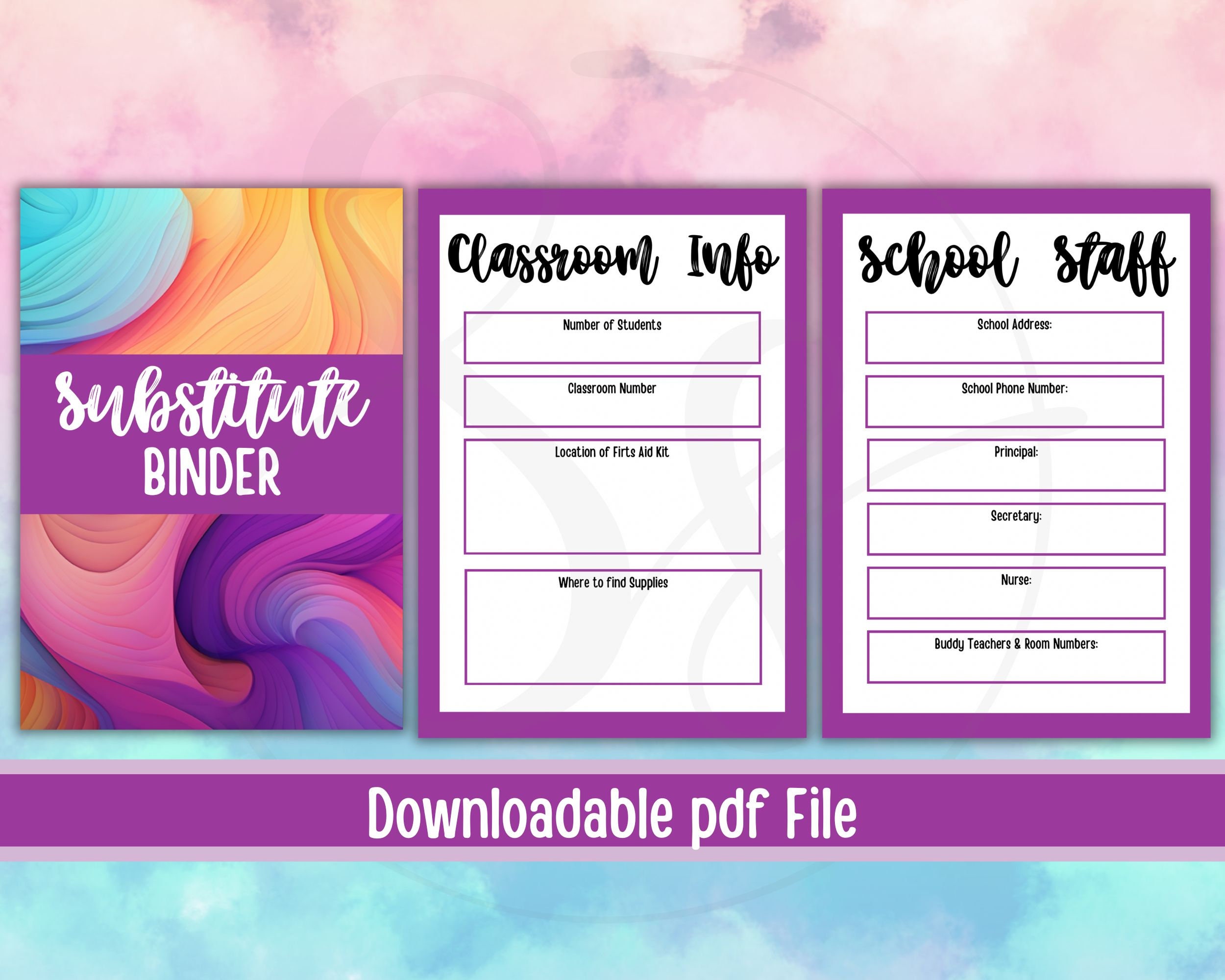 Abstract Neon Substitute Teacher Binder, Printable Downloads, Simple ...