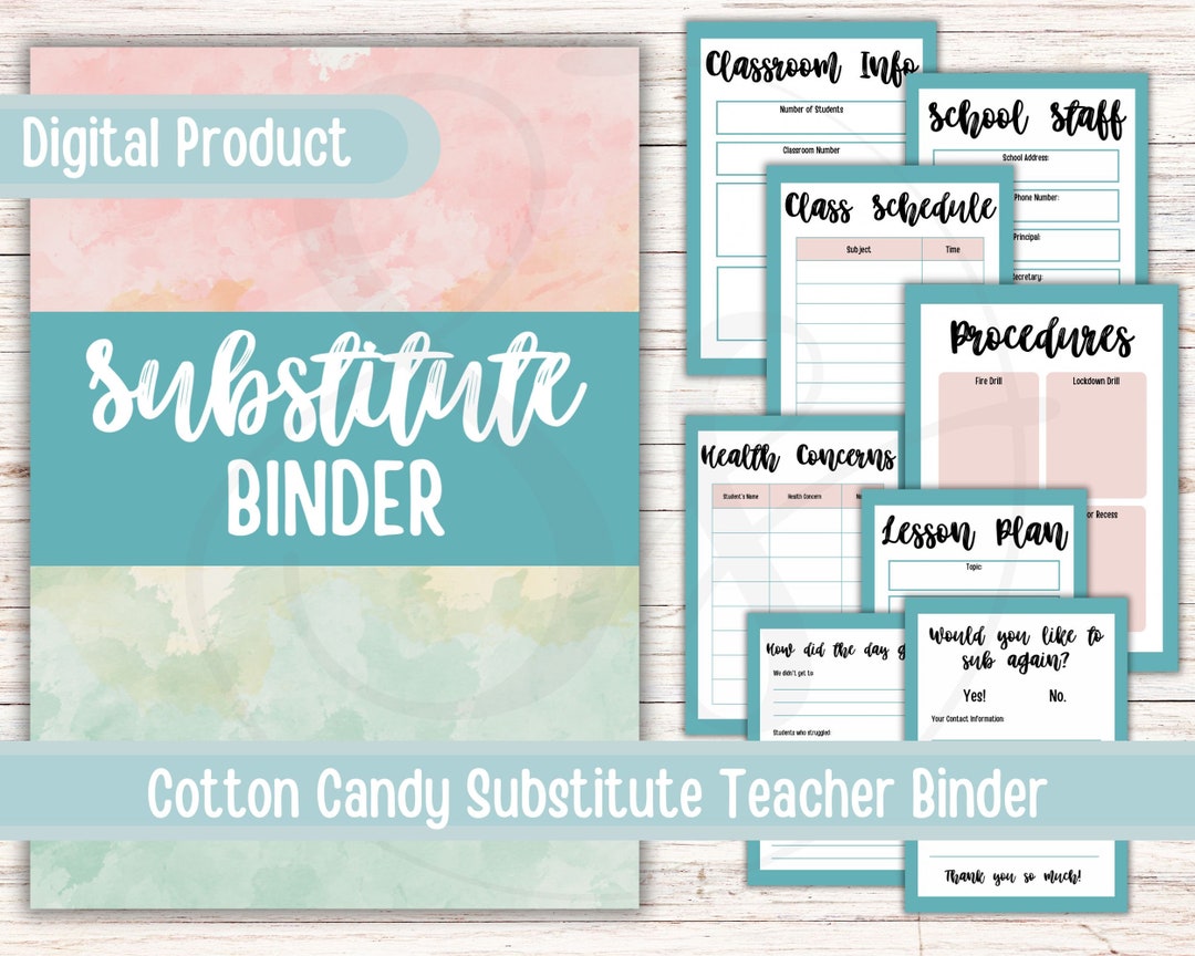 Cotton Candy Aesthetic Substitute Teacher Binder, Printable Downloads ...