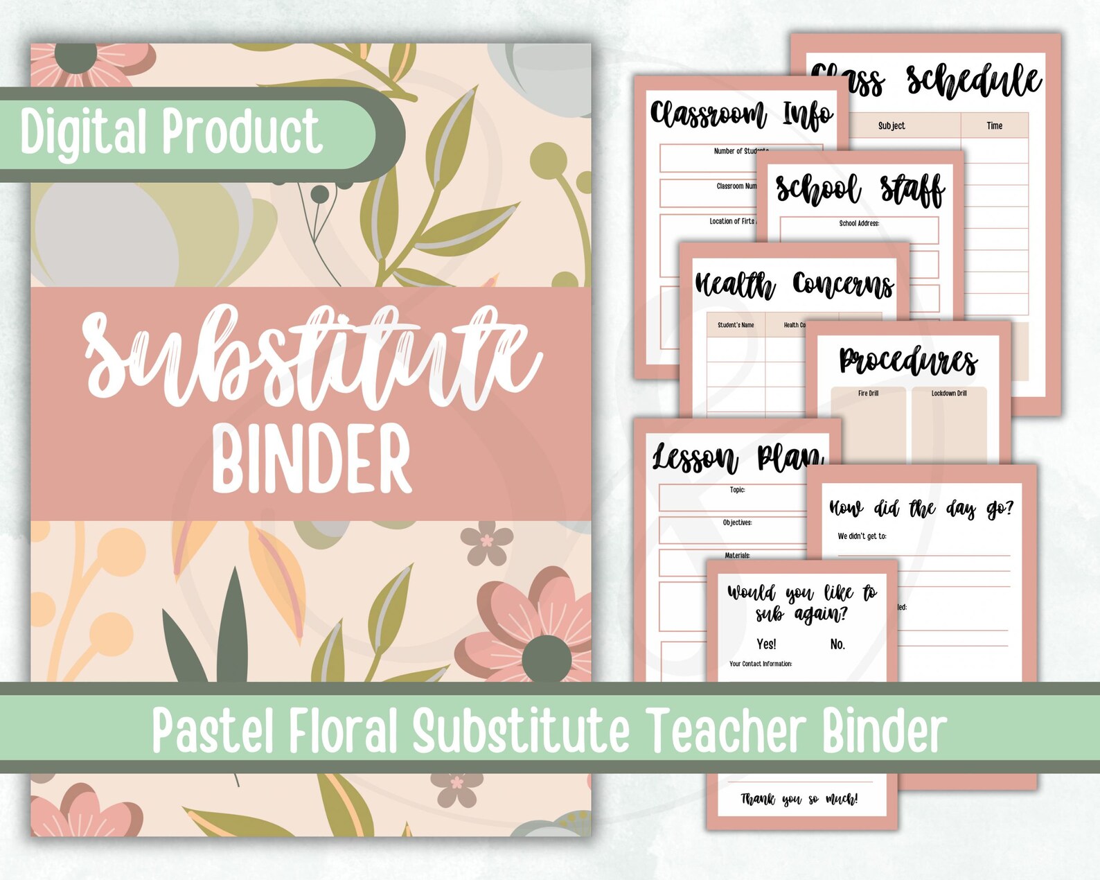 Pastel Floral Pattern Substitute Teacher Binder, Printable Downloads ...