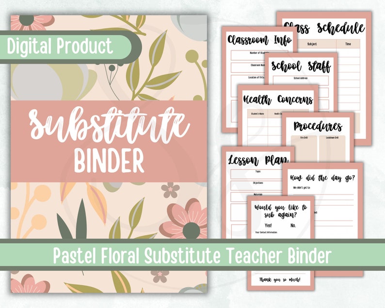 Pastel Floral Pattern Substitute Teacher Binder, Printable Downloads ...