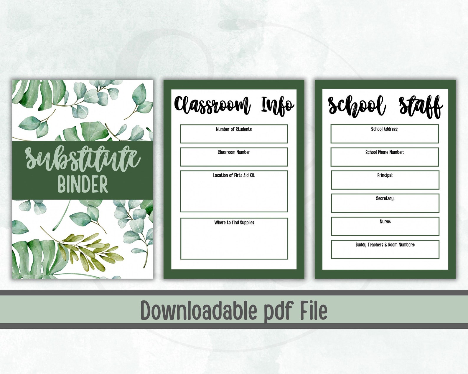 Eucalyptus Aesthetic Substitute Teacher Binder, Printable Downloads ...