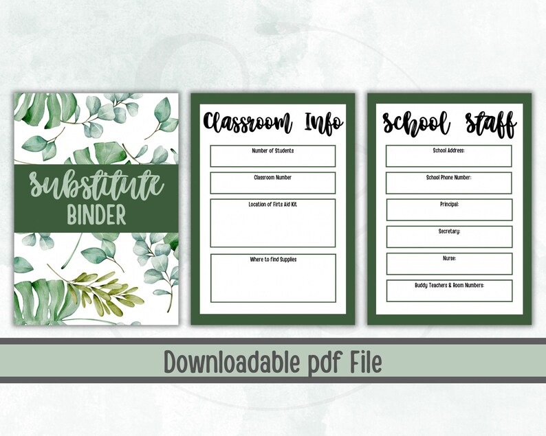 Eucalyptus Aesthetic Substitute Teacher Binder, Printable Downloads ...