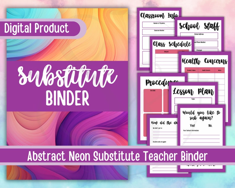 Abstract Neon Substitute Teacher Binder, Printable Downloads, Simple ...