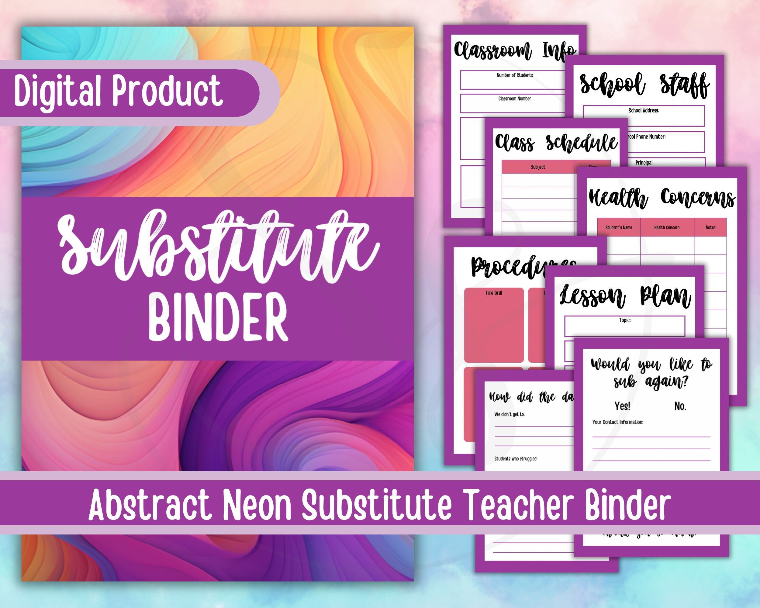 Abstract Neon Substitute Teacher Binder, Printable Downloads, Simple ...