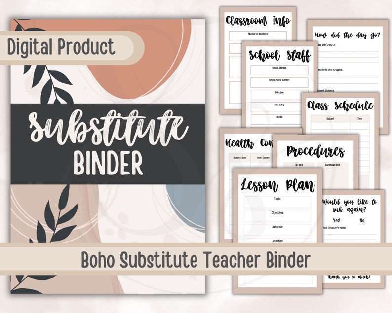 Boho Aesthetic Substitute Teacher Binder, Printable Downloads, Simple ...