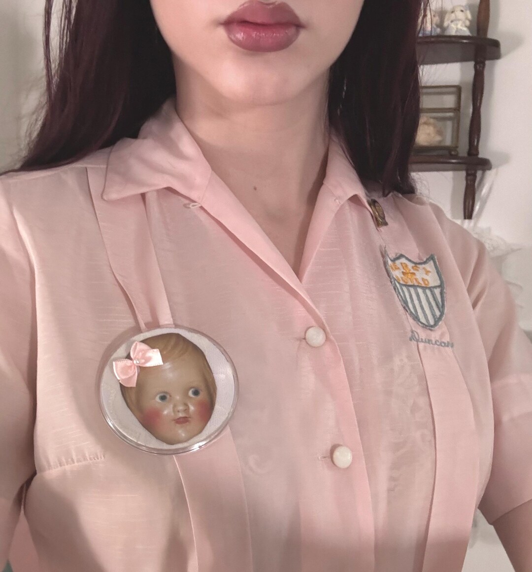 Pink Bow Dolly Head Brooch/button Badge - Etsy