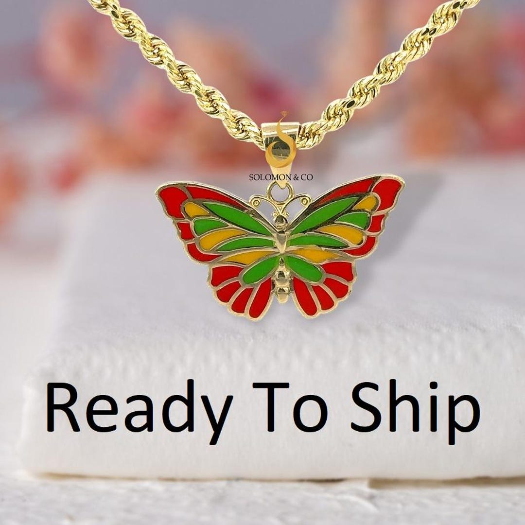 10K Solid Yellow Gold Butterfly Shape Multicolor Ready to Ship Pendant ...