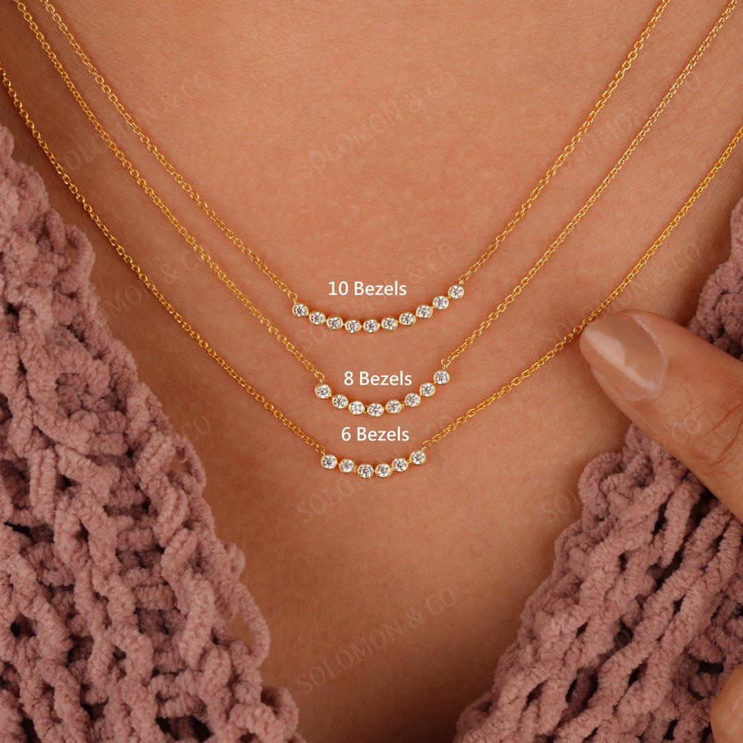 14K Solid Gold Diamond Bezel Bar Necklace, Dainty Curved Bar Diamond ...