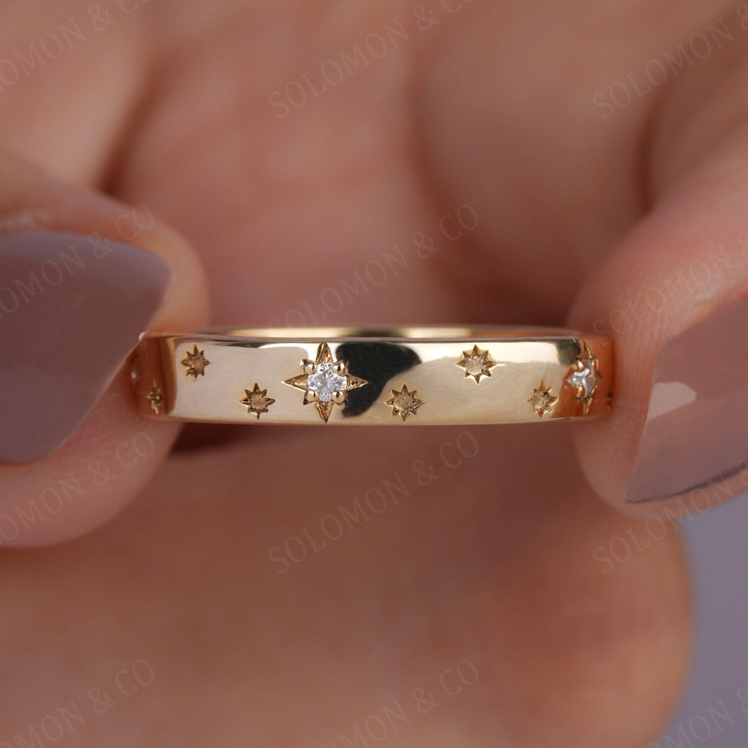 14K Solid Gold Celestial Starburst Wedding Band, Dainty Star Engraved Stacking Ring for Women ...