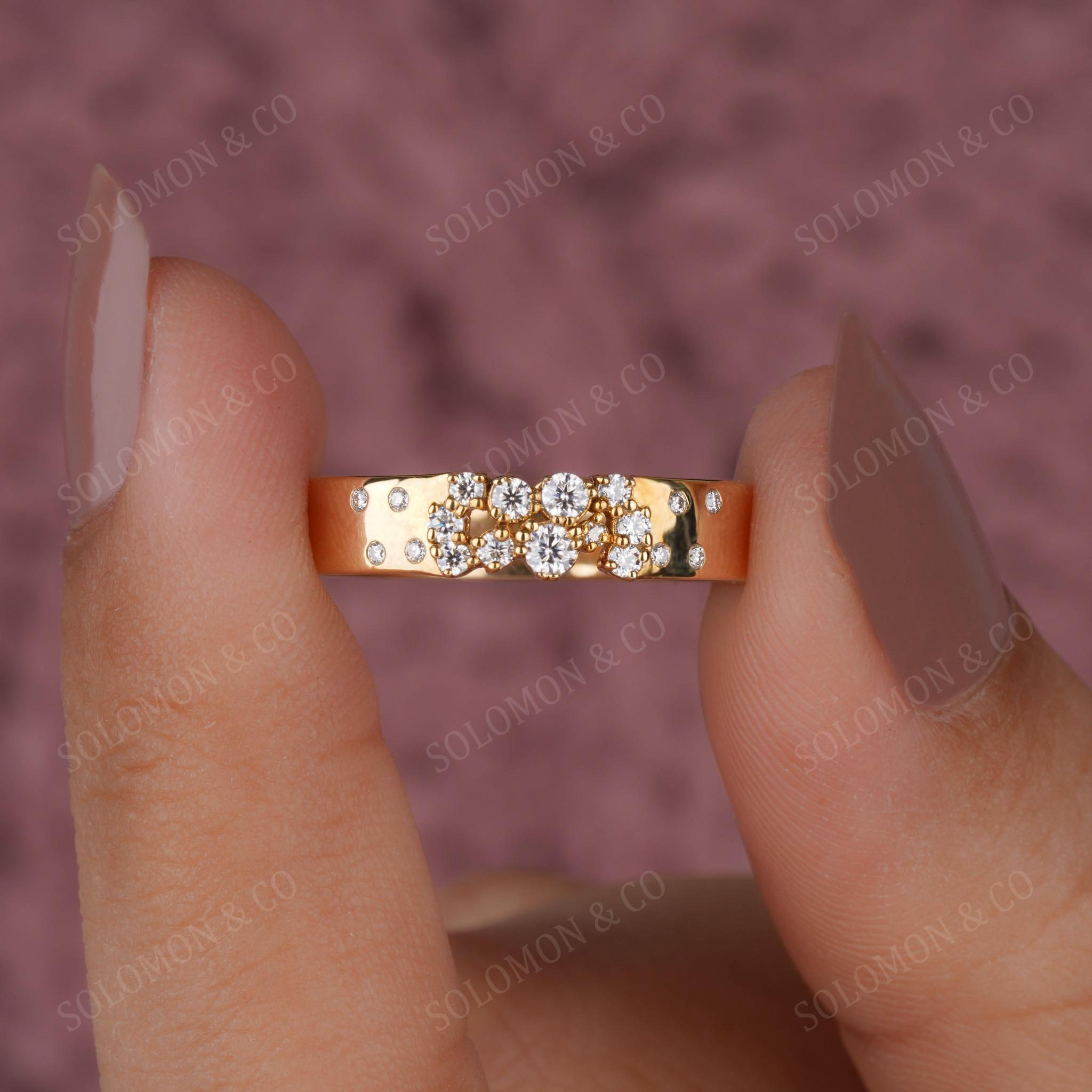 4MM Wide Cluster Set Round Cut Moissanite Keto Meadow Wedding Band 14K ...