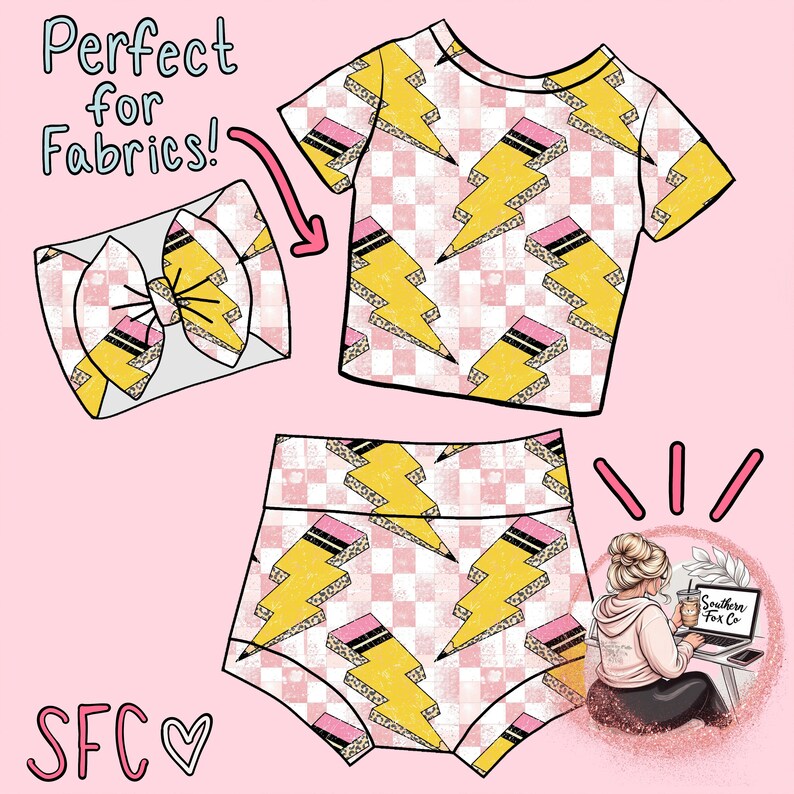 Pastel Pink Lightning Bolt Pencil Back to School Checkered Seamless ...