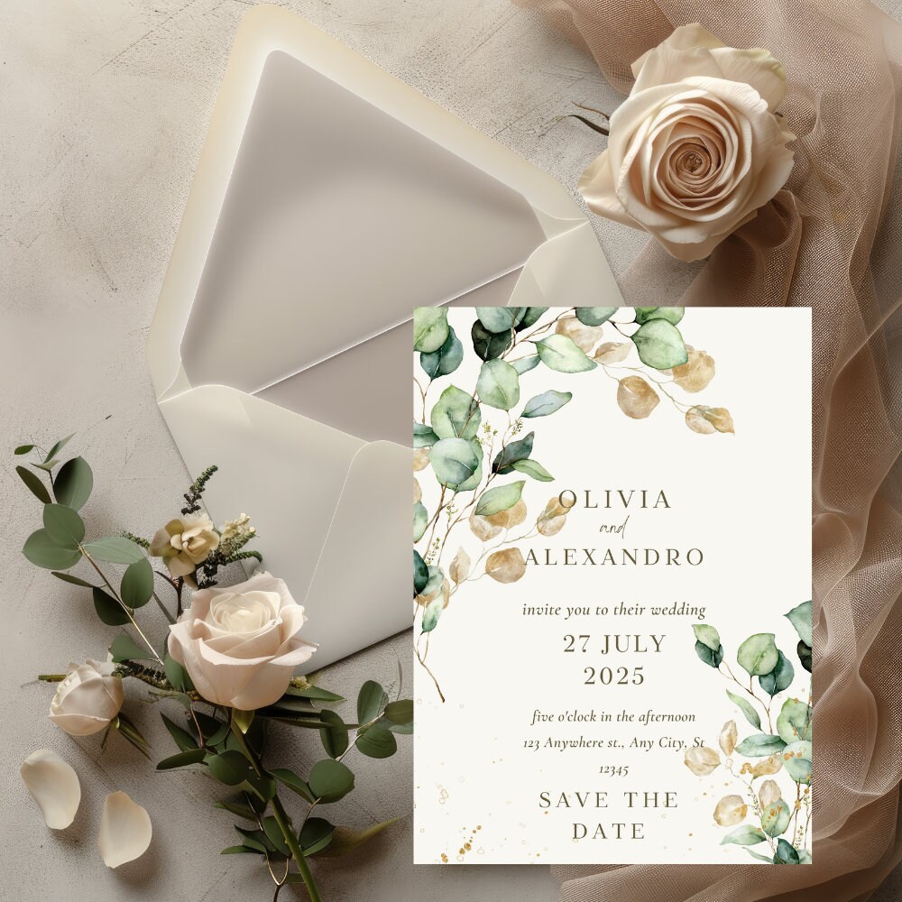 Wedding Invitation • Printable Ivory Greenery Gold Wedding Invite ...