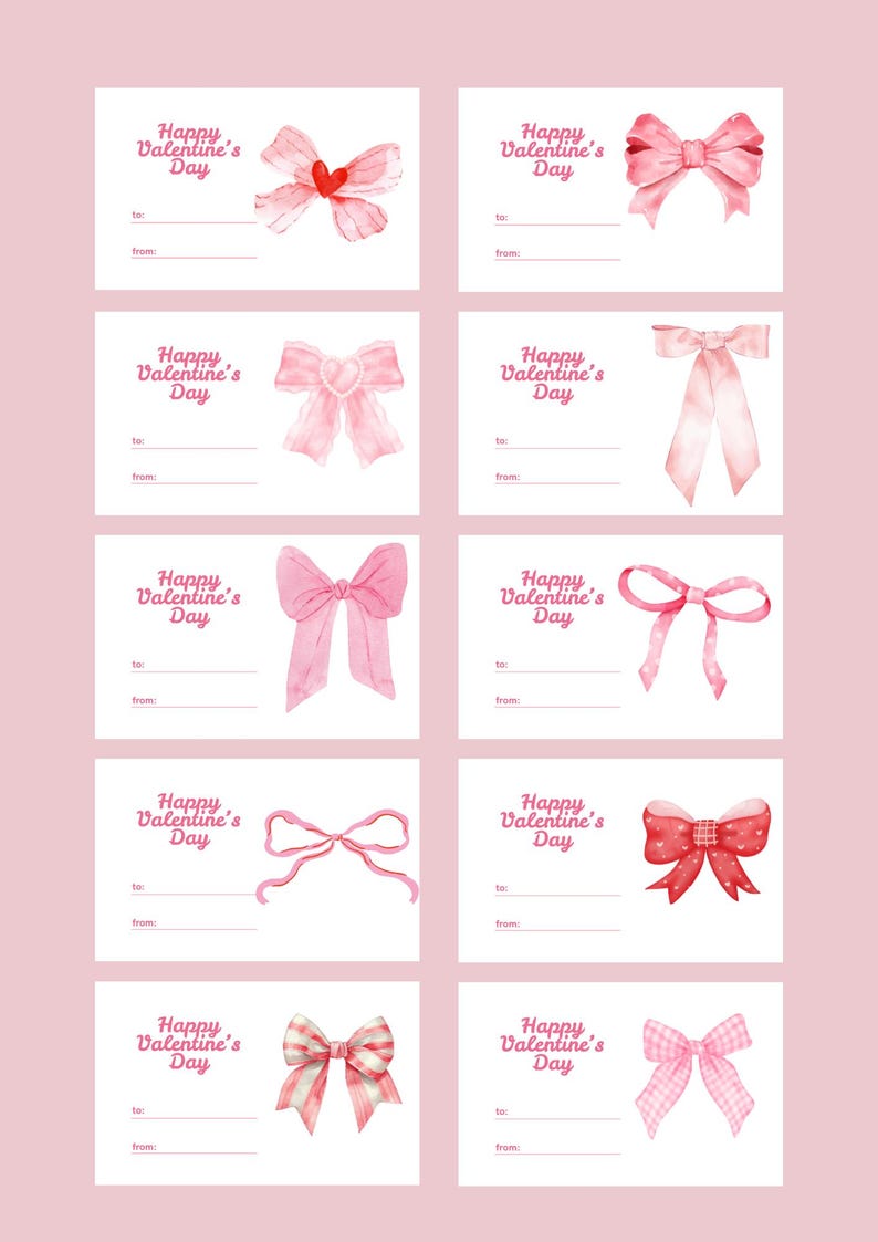 Bow Valentine Tags, Classroom Digital Download, Kids Valentines - Etsy