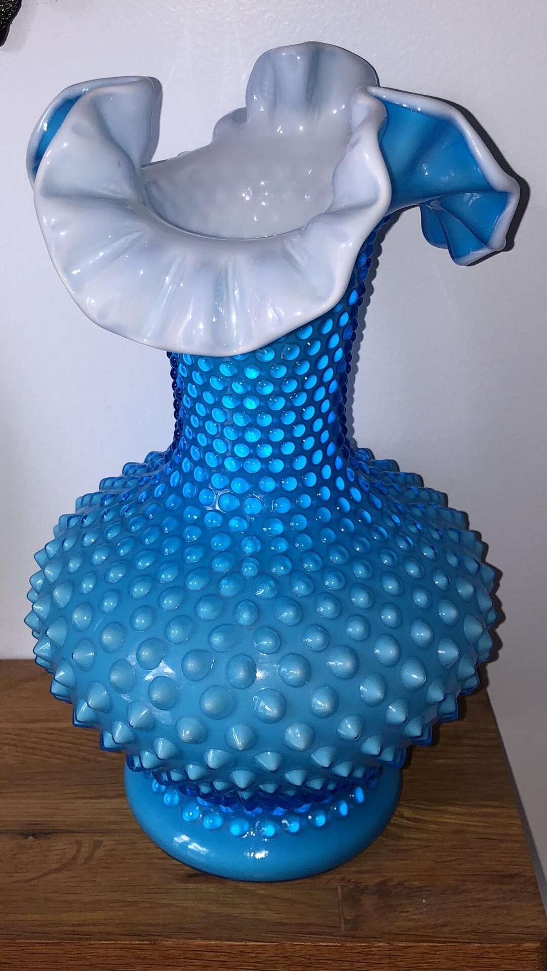 HTF Fenton Double Crimped Colonial Blue Overlay Cased Hobnail Ruffled ...