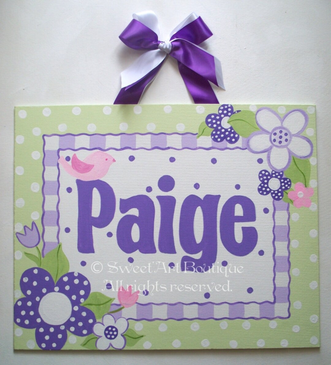 Floral Girls Door Sign Girls Wall Art Purple Green Name - Etsy