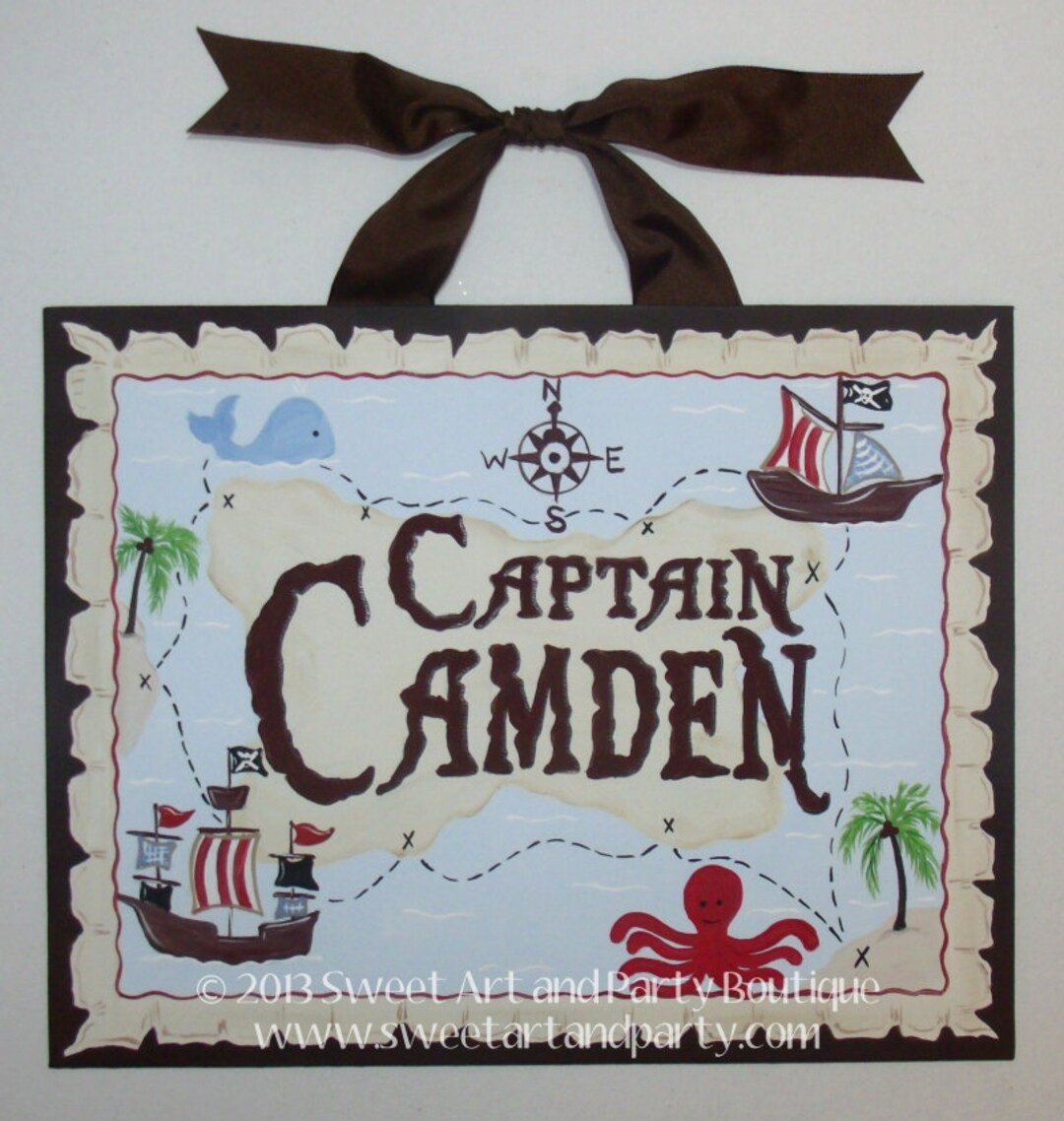 Painted Pirate Ship Name Sign, Treasure Map Sign, Boys Wall Art ...