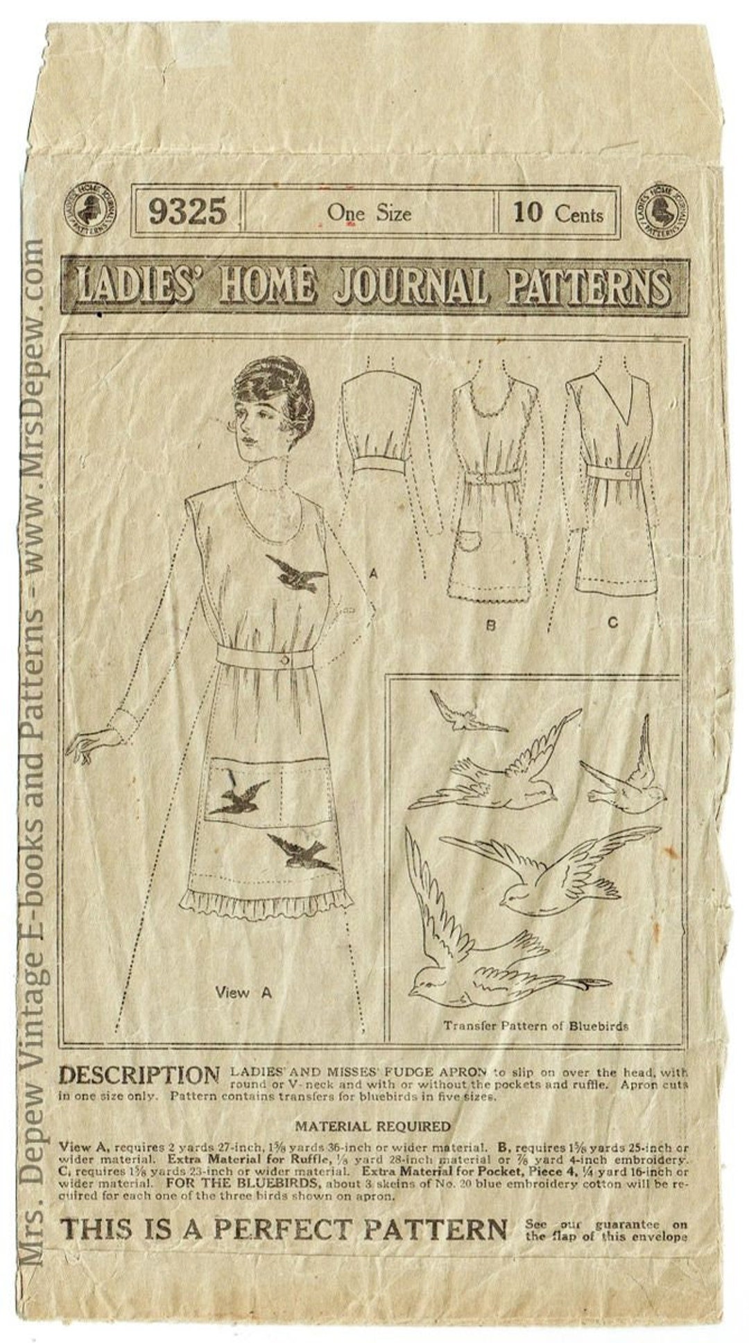 Vintage Sewing Pattern Very Rare 1900s Fudge Apron With Bird Embroidery ...