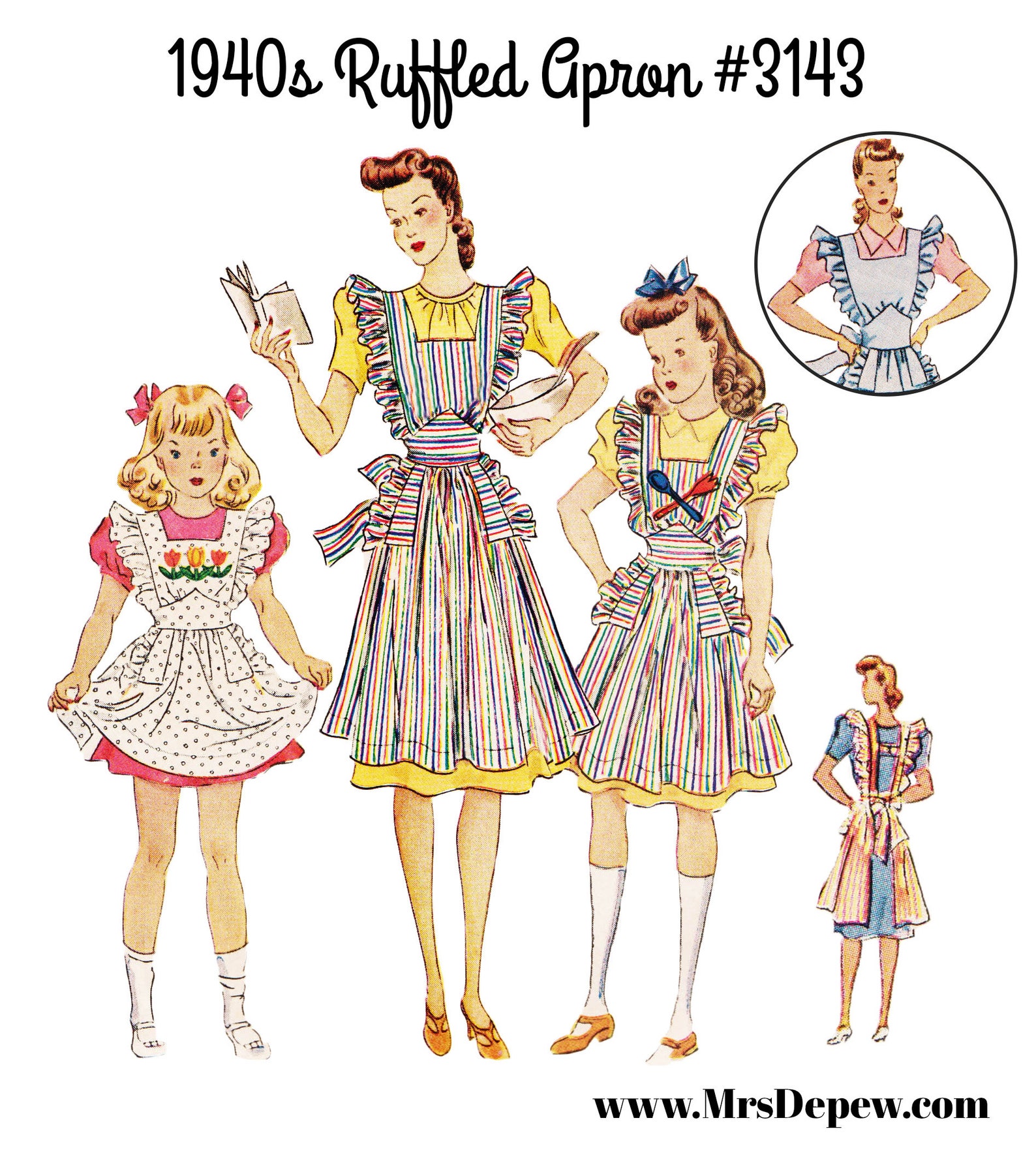Vintage Sewing Pattern 1940s Ladies' Ruffled Apron With Pockets #3143 ...
