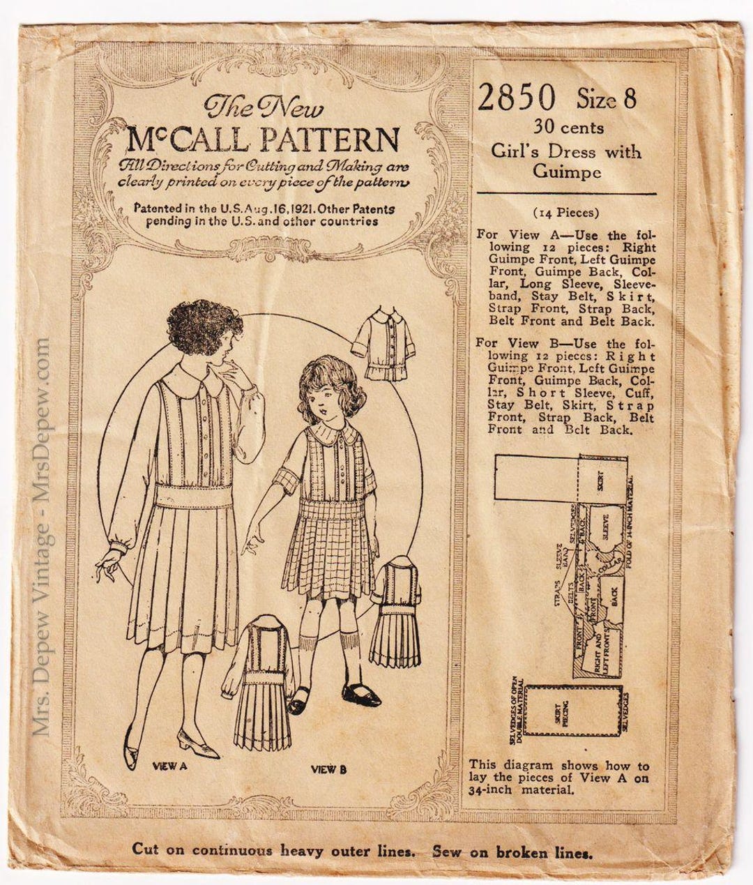 1922 Vintage Sewing Pattern 1920s Girl's Dress With Guimpe Blouse Size ...