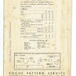 Rare Vintage Sewing Pattern Ladies' Beret & Turban 1940s Vogue 8873 22 ...