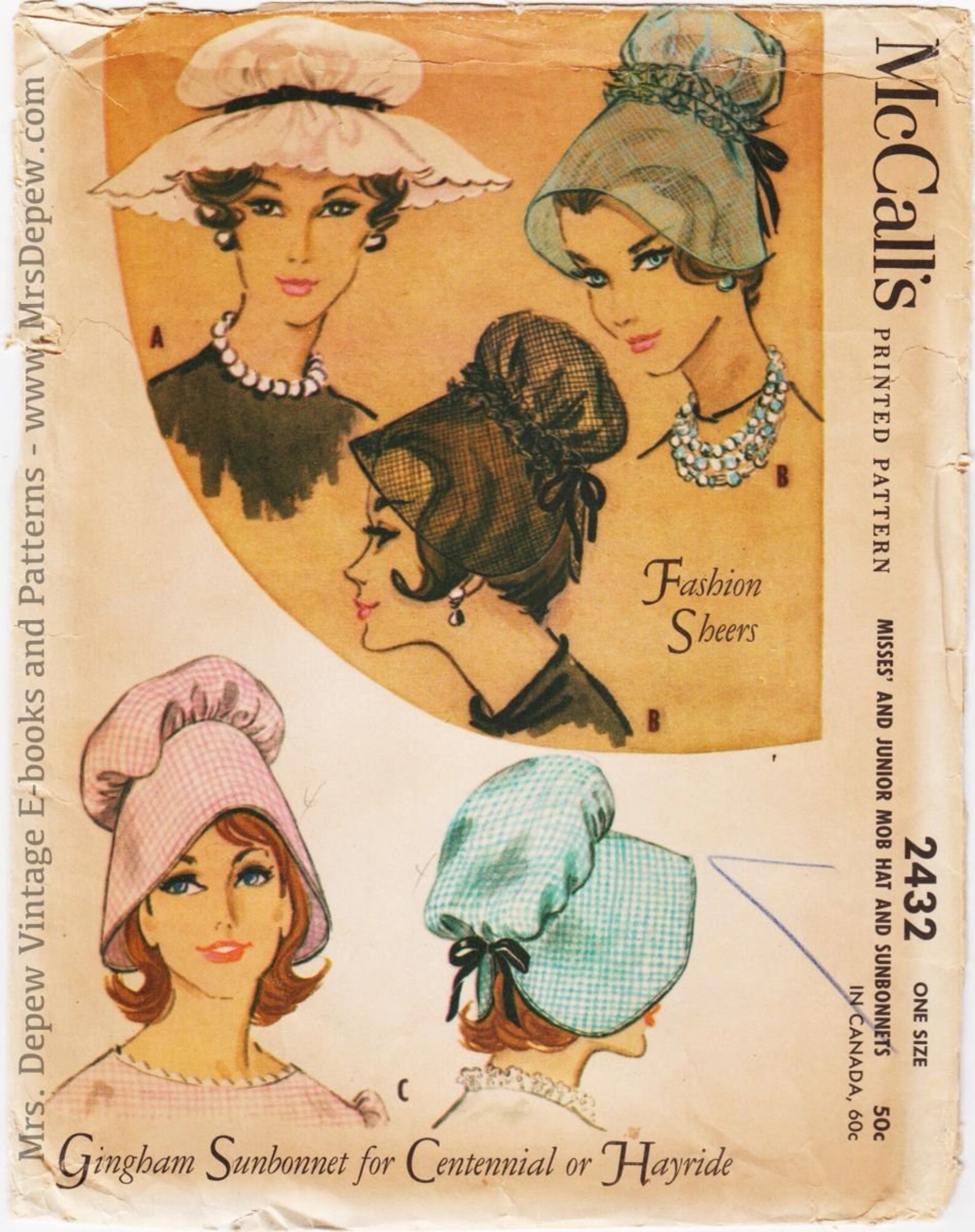 Vintage Sewing Pattern ORIGINAL 1960s Gingham Sunbonnet Hats | Etsy