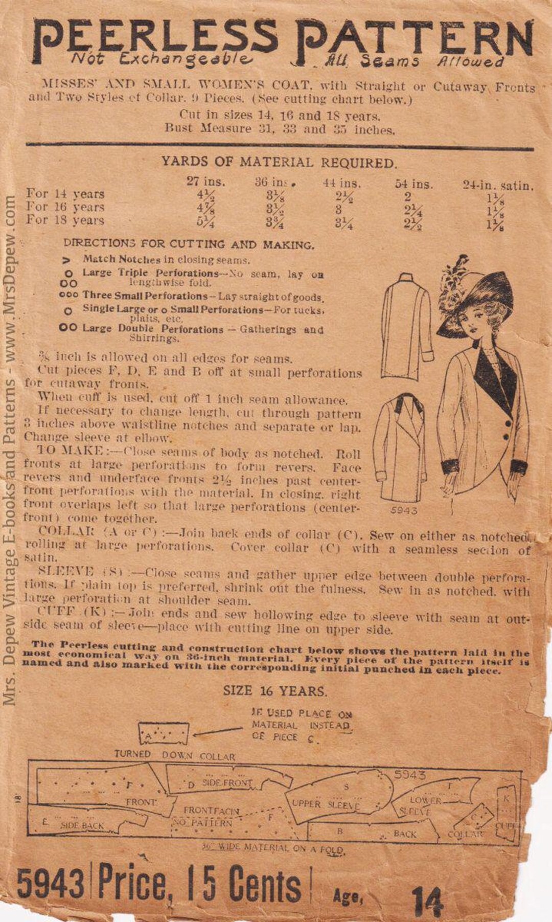 1913-1914 RARE Antique/ Vintage Sewing Pattern Misses' Coat 1910s ...