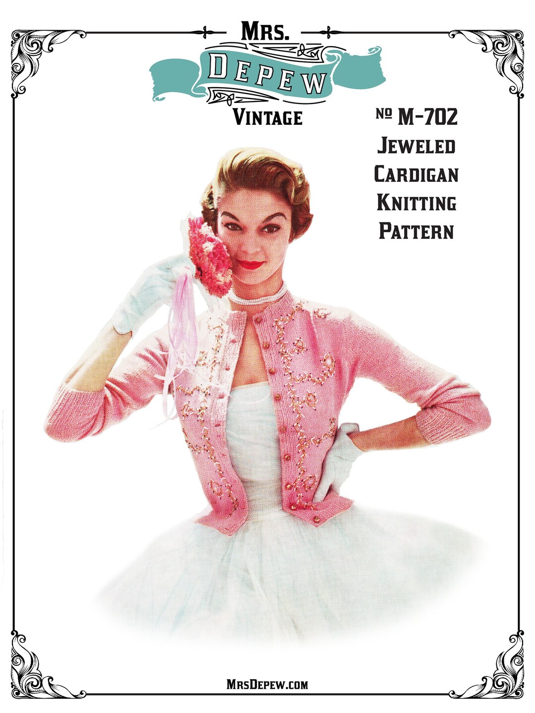 Vintage 1950s Ladies' Jeweled Cardigan Knitting Pattern 702-1 30 32 34 ...