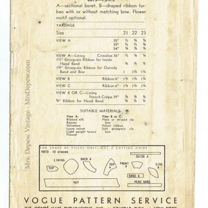 Rare Vintage Sewing Pattern Ladies' Beret & Turban 1940s Vogue 8873 22 ...