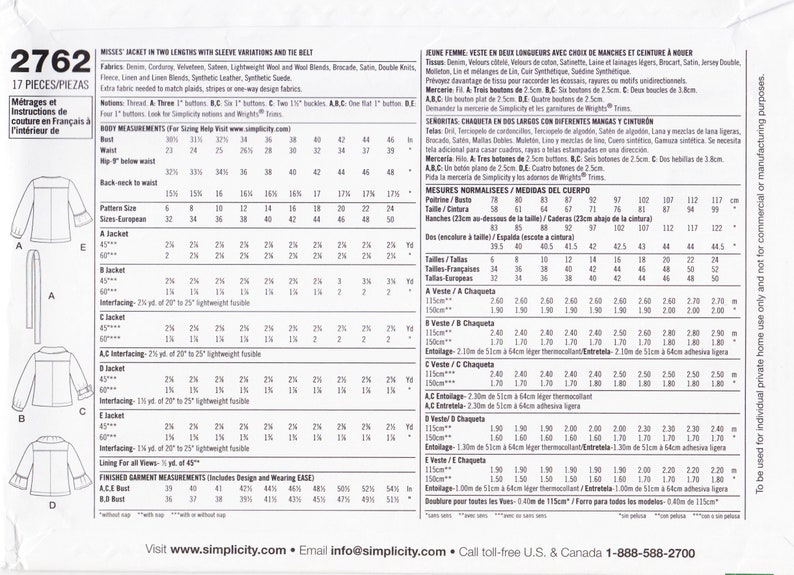 New Sewing Pattern Jacket Simplicity 2762 Size 6 8 10 12 14 - Etsy