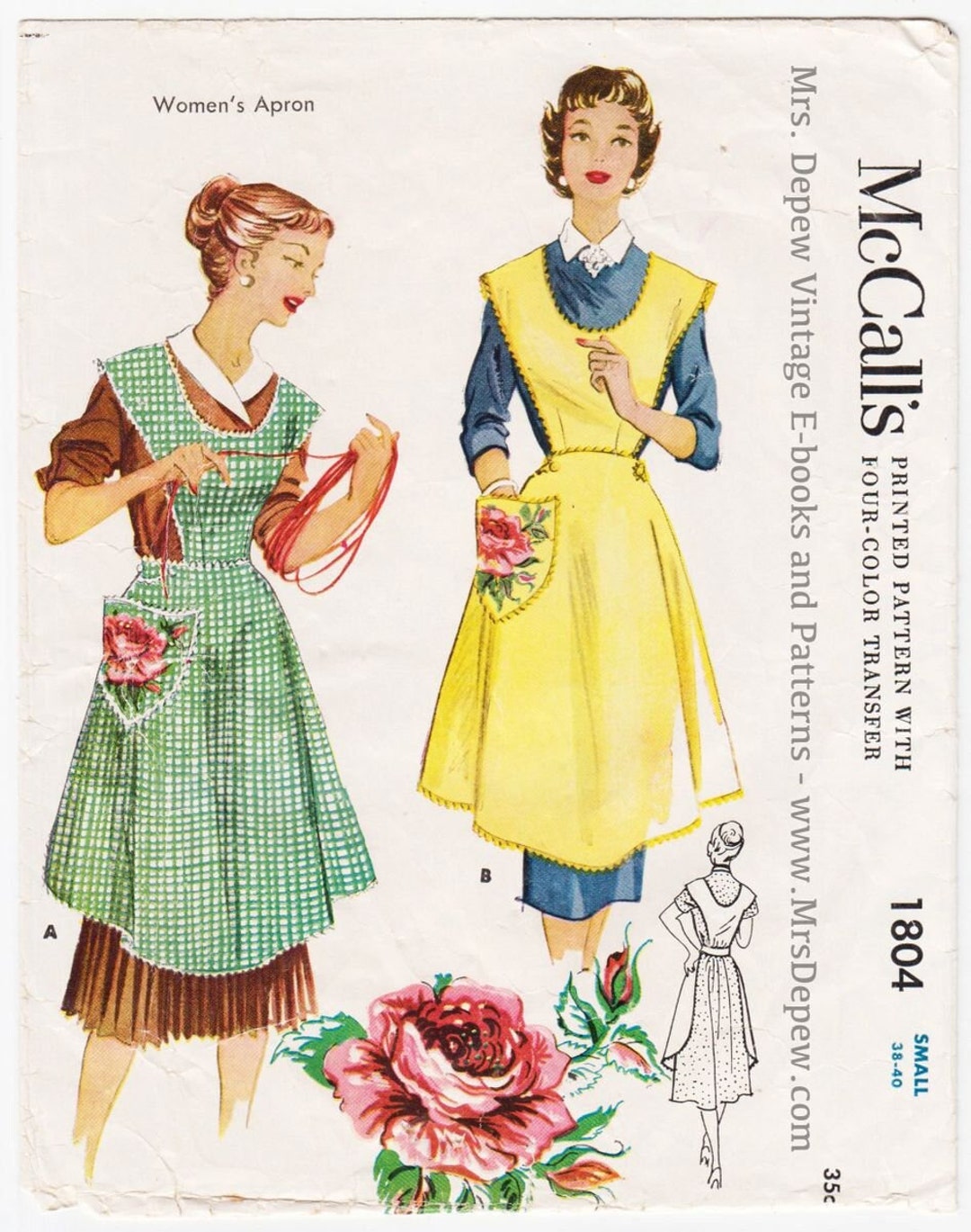 Mccall's 1804 Women's Bib Aprons 1950s Vintage Sewing Pattern With Rose ...