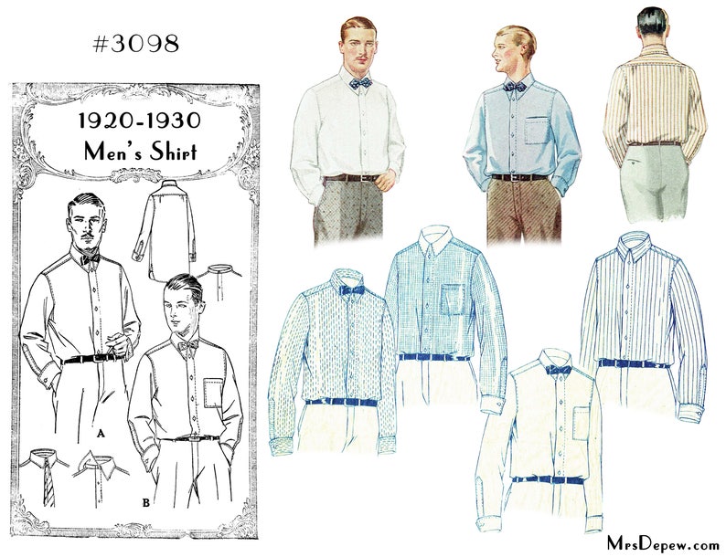 Menswear Vintage Sewing Pattern 1920s 1930s Men's Shirt With Collar ...