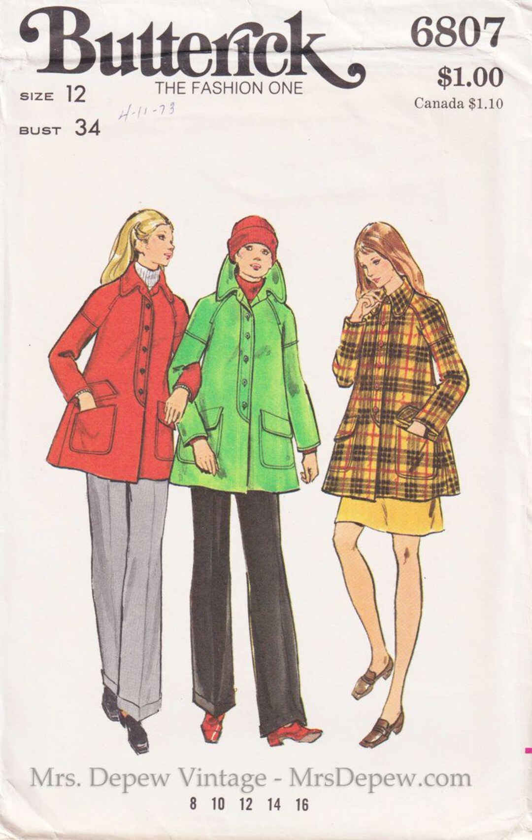 1972 Vintage Sewing Pattern Loose-fitting Flared Jacket 1970s Butterick ...