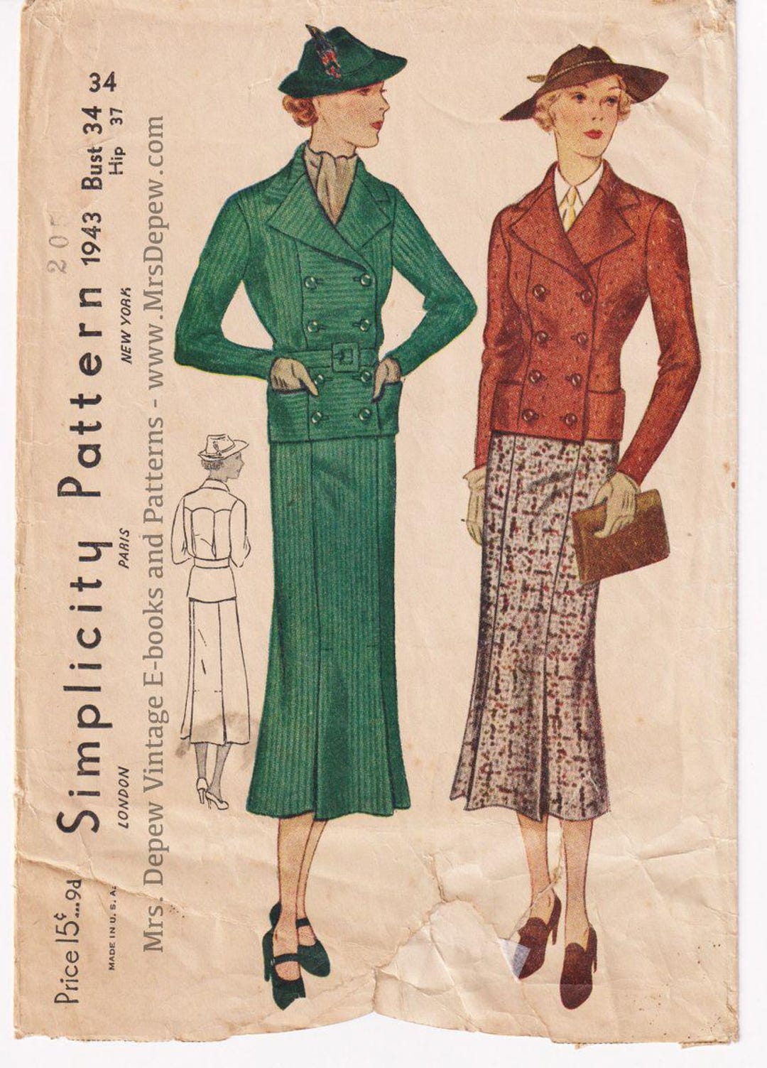 1936 Vintage Sewing Pattern Ladies' Suit Jacket and Skirt 1930s ...